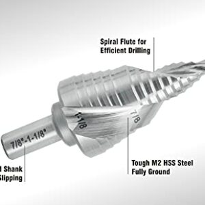 ACTOOL Industrial HSS Step Drill Bit 7/8 inch to 1-1/8 inch with 3/8 inch Shank, Double Spiral Flute