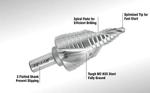 ACTOOL Industrial HSS Step Drill Bit 7/8 inch to 1-1/8 inch with 3/8 inch Shank, Double Spiral Flute