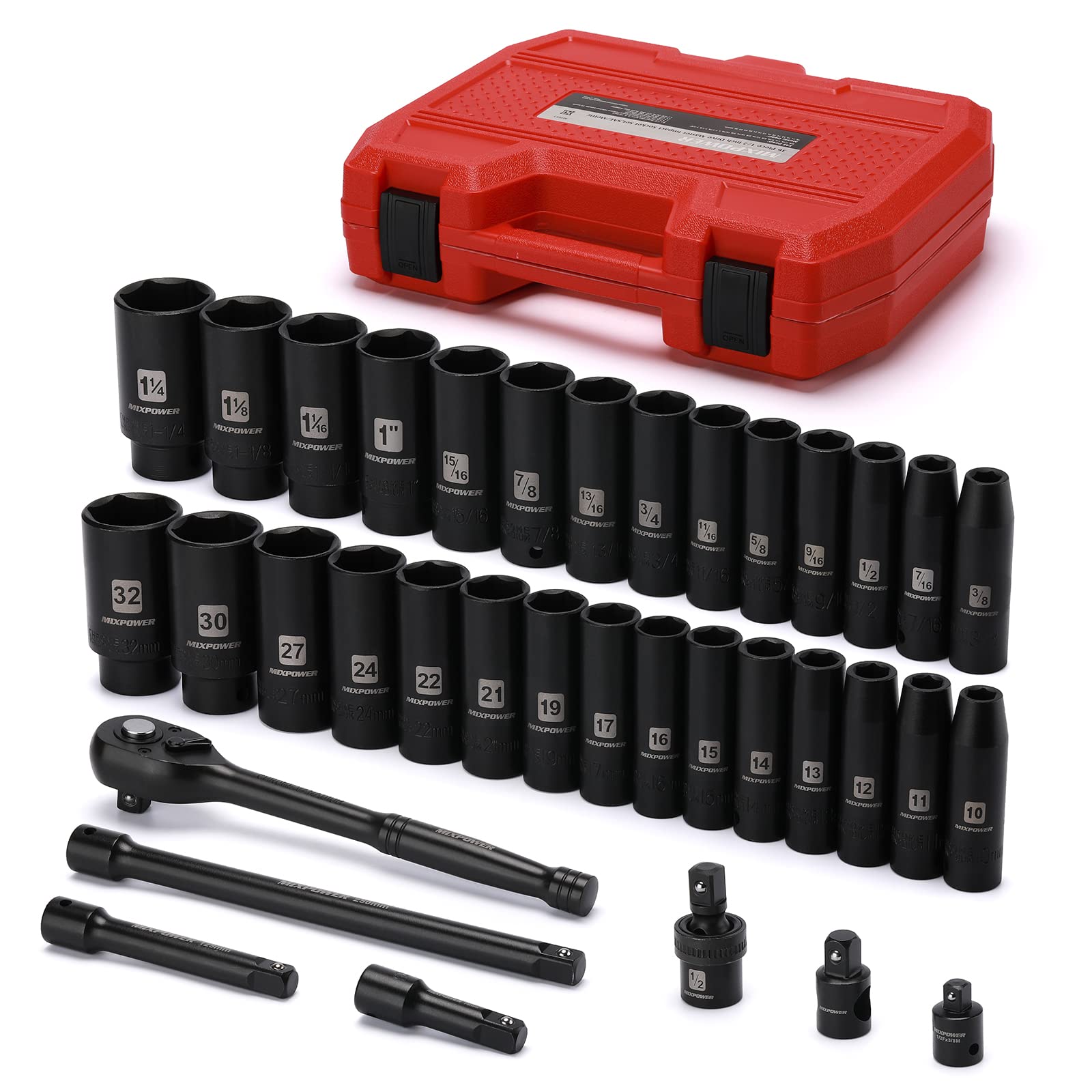 MIXPOWER 36-Piece 1/2-Inch Drive Deep Impact Socket Master Set with 10-inch Quick-release Ratchet Handle & Accessories, 3/8" - 1-1/4", 10-32MM, Deep, SAE&Metric, CR-V Steel