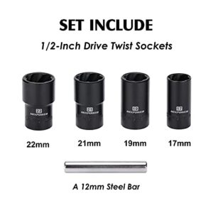 MIXPOWER 5 Pieces 1/2" Drive Nut and Bolt Extractor Set, Lug Nut Remover Extractor Tool, 17 19 21 22mm Sockets & 12mm Center Punch Bar, Twist Socket Tool Set