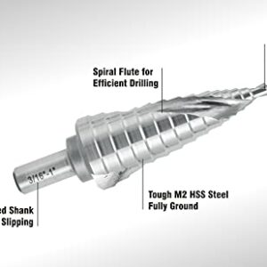 ACTOOL Industrial HSS Step Drill Bit 3/16 inch to 1 inch with 3/8 inch Shank, Double Spiral Flute with 14 Step Size