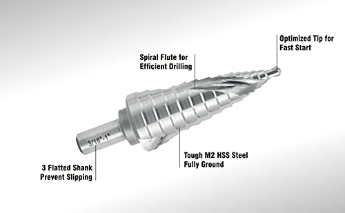 ACTOOL Industrial HSS Step Drill Bit 3/16 inch to 1 inch with 3/8 inch Shank, Double Spiral Flute with 14 Step Size