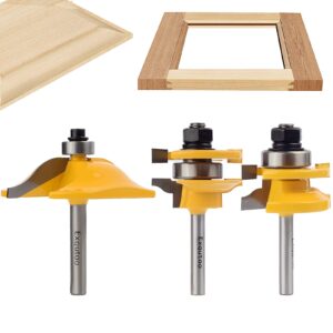 exqutoo 3pcs 1/4" shank router bit set, raised panel cabinet door making router bits, cemented carbide router bits, woodworking tools router door & window bits (tenon joint cutter diameter: 1-5/8")