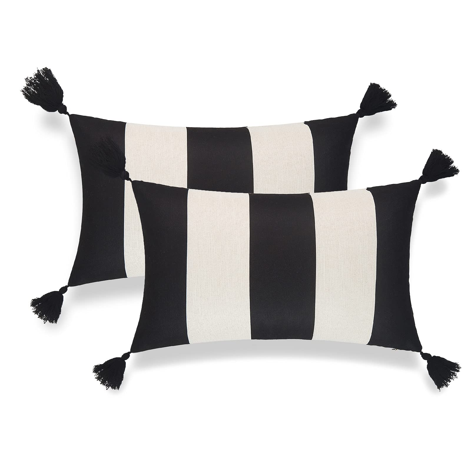 Hofdeco Modern Boho Patio Indoor Outdoor Lumbar Pillow Cover ONLY for Backyard, Couch, Sofa, Black Stripes, 12"x20", Set of 2