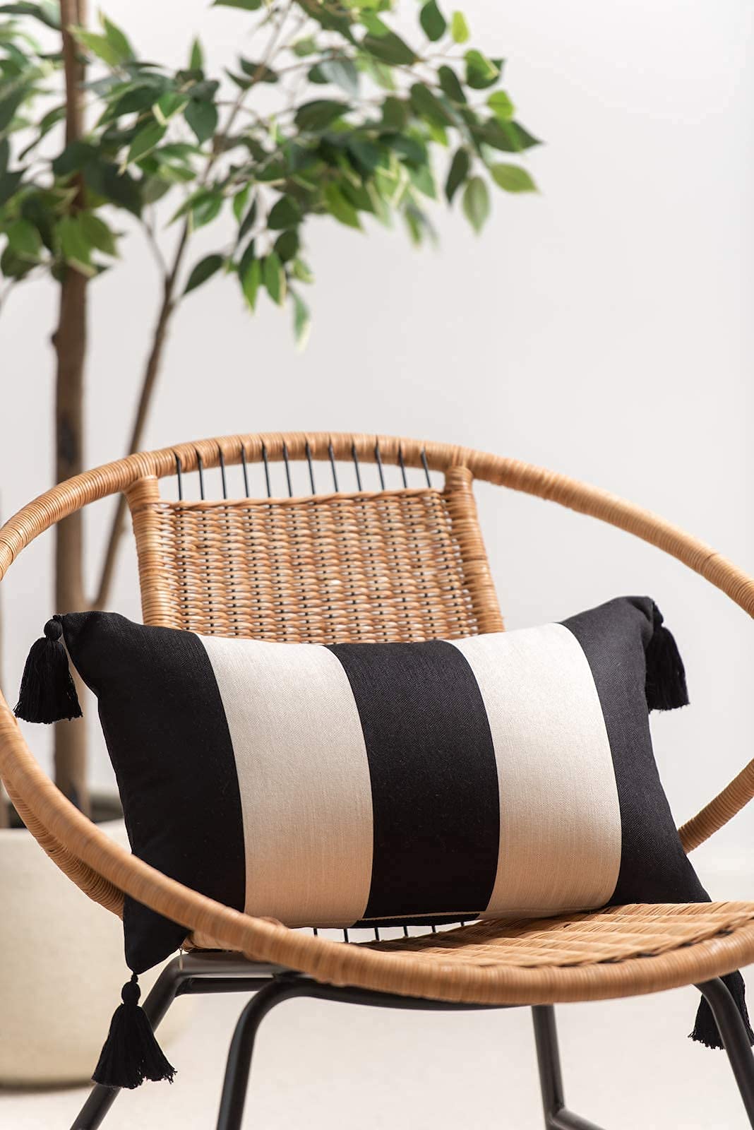 Hofdeco Modern Boho Patio Indoor Outdoor Lumbar Pillow Cover ONLY for Backyard, Couch, Sofa, Black Stripes, 12"x20", Set of 2