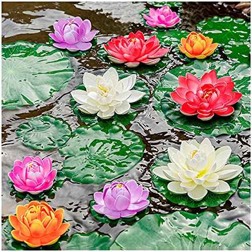 ZAUGONTW Artificial Floating Foam Lotus Flower with Water Lily Pad, Realistic Ornanment Perfect for Home Outdoor Patio Pond Aquarium Wedding Party Decorations, 10PCS