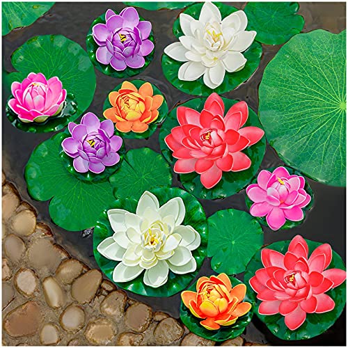 ZAUGONTW Artificial Floating Foam Lotus Flower with Water Lily Pad, Realistic Ornanment Perfect for Home Outdoor Patio Pond Aquarium Wedding Party Decorations, 10PCS