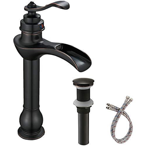 Bathfinesse Vessel Sink Faucet Bathroom Bowl Faucets Tall Oil Rubbed Bronze Farmhouse Waterfall Spout Lavatory Single Handle 1 Hole with Pop Up Drain Stopper and Supply Lines Lead-Free