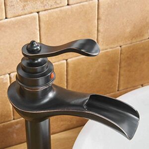 Bathfinesse Vessel Sink Faucet Bathroom Bowl Faucets Tall Oil Rubbed Bronze Farmhouse Waterfall Spout Lavatory Single Handle 1 Hole with Pop Up Drain Stopper and Supply Lines Lead-Free