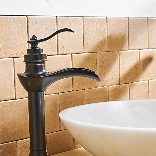 Bathfinesse Vessel Sink Faucet Bathroom Bowl Faucets Tall Oil Rubbed Bronze Farmhouse Waterfall Spout Lavatory Single Handle 1 Hole with Pop Up Drain Stopper and Supply Lines Lead-Free