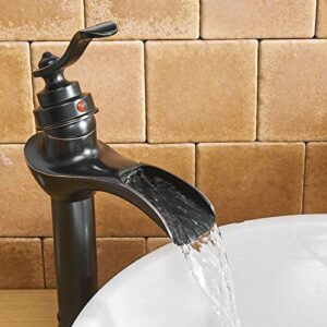 Bathfinesse Vessel Sink Faucet Bathroom Bowl Faucets Tall Oil Rubbed Bronze Farmhouse Waterfall Spout Lavatory Single Handle 1 Hole with Pop Up Drain Stopper and Supply Lines Lead-Free