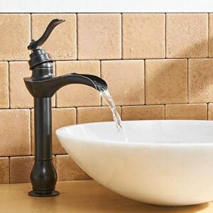 Bathfinesse Vessel Sink Faucet Bathroom Bowl Faucets Tall Oil Rubbed Bronze Farmhouse Waterfall Spout Lavatory Single Handle 1 Hole with Pop Up Drain Stopper and Supply Lines Lead-Free