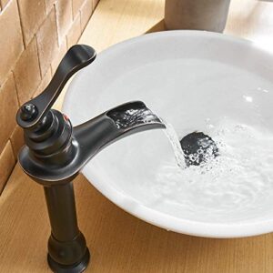 Bathfinesse Vessel Sink Faucet Bathroom Bowl Faucets Tall Oil Rubbed Bronze Farmhouse Waterfall Spout Lavatory Single Handle 1 Hole with Pop Up Drain Stopper and Supply Lines Lead-Free