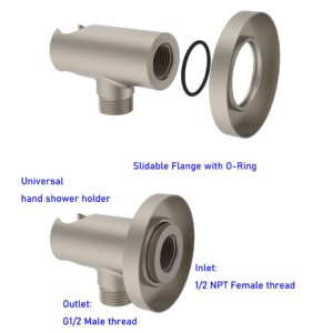 Aquaiaw Wall Supply Elbow with O-Ring Flange, Tapered 1/2 NPT Female Inlet, Solid Brass Wall Union W/Handshower Holder, Round Wall Supply Elbow W/Hand Shower bracket, PVD Brushed Nickel, G1/2 Outlet