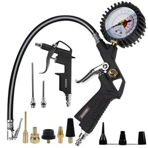 hausse heavy duty air compressor accessory kit, air blow gun and air hose fittings, 1/4" npt air tool kit with 116 psi rubber hose tire inflator gauge