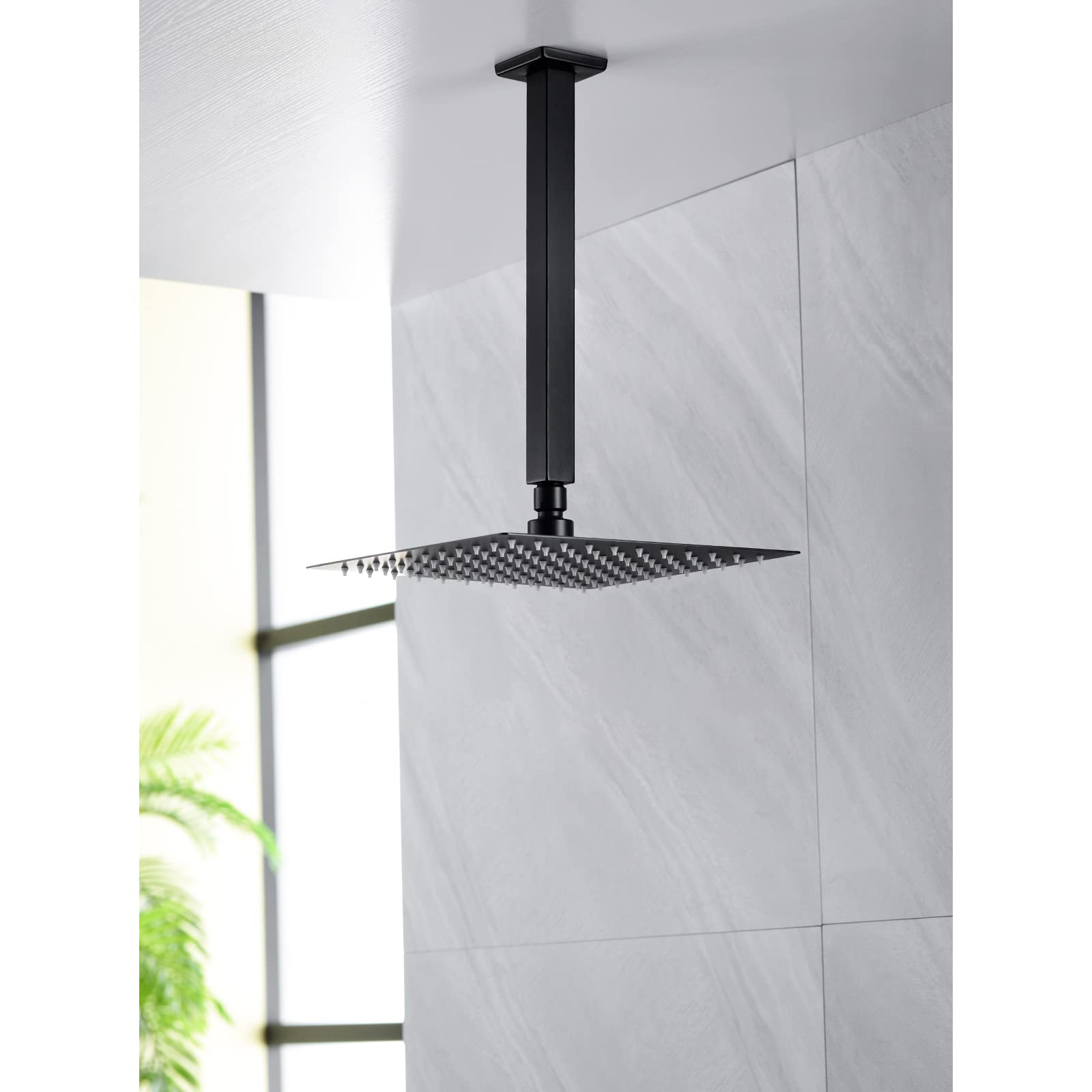 Anpean 12 Inch Square Ceiling Mounted Shower Arm and Flange, Matte Black