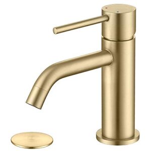 jxmmp brushed gold bathroom faucet, single handle brass sink faucet bathroom single hole with pop up sink drain assembly and water faucet supply lines