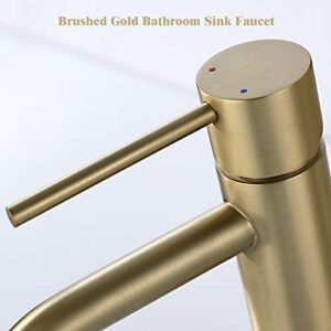 JXMMP Brushed Gold Bathroom Faucet, Single Handle Brass Sink Faucet Bathroom Single Hole with Pop Up Sink Drain Assembly and Water Faucet Supply Lines