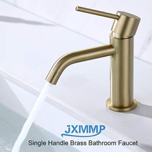 JXMMP Brushed Gold Bathroom Faucet, Single Handle Brass Sink Faucet Bathroom Single Hole with Pop Up Sink Drain Assembly and Water Faucet Supply Lines