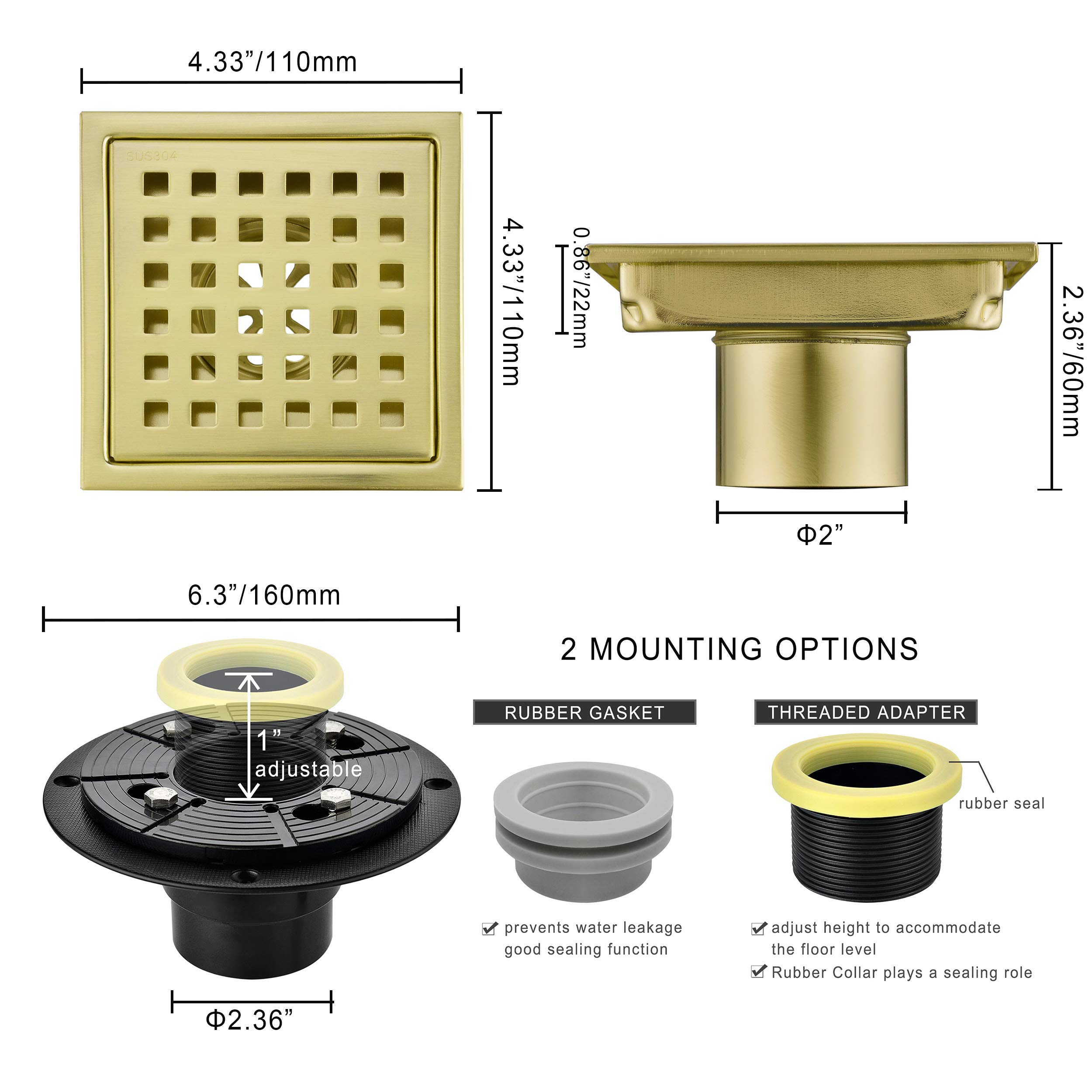 Orhemus 4 Inch Square Shower Drain with Adjustable Shower Drain Base Flange, SUS 304 Stainless Steel Floor Drain with Removable Cover Grid Grate, Brushed Gold Brass Finished