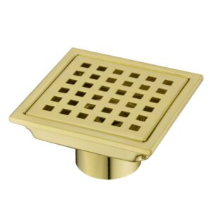 Orhemus 4 Inch Square Shower Drain with Adjustable Shower Drain Base Flange, SUS 304 Stainless Steel Floor Drain with Removable Cover Grid Grate, Brushed Gold Brass Finished