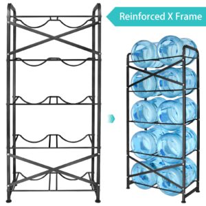 Ationgle 5 Gallon Water Bottle Holder for 10 Bottles, 5 Tiers Heavy-Duty Water Cooler Jug Rack with Reinforcement Frame for Kitchen Office, Black