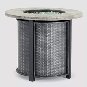 rst brands sego lily logan steel outdoor patio round fire table, with fiber concrete top, 40000 btus, pe wicker, backyard, 30x30 inch, gray