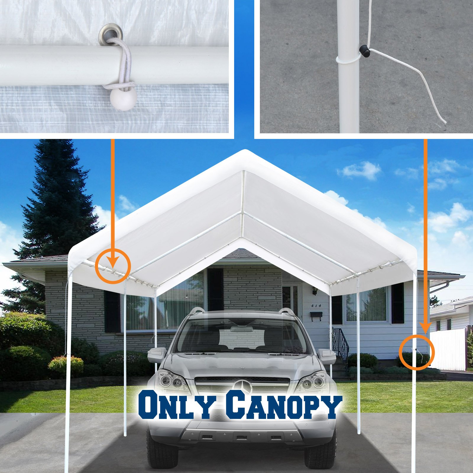 YardGrow 10x20 Canopy Replacement Cover Carport Replacement Top Canopy Cover for Tent Garage Shelter with Ball Bungee Cords White (Only Cover, Frame Not Included)