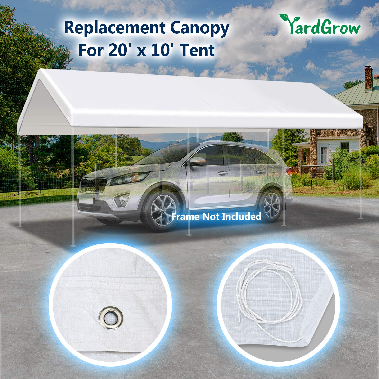 YardGrow 10x20 Canopy Replacement Cover Carport Replacement Top Canopy Cover for Tent Garage Shelter with Ball Bungee Cords White (Only Cover, Frame Not Included)