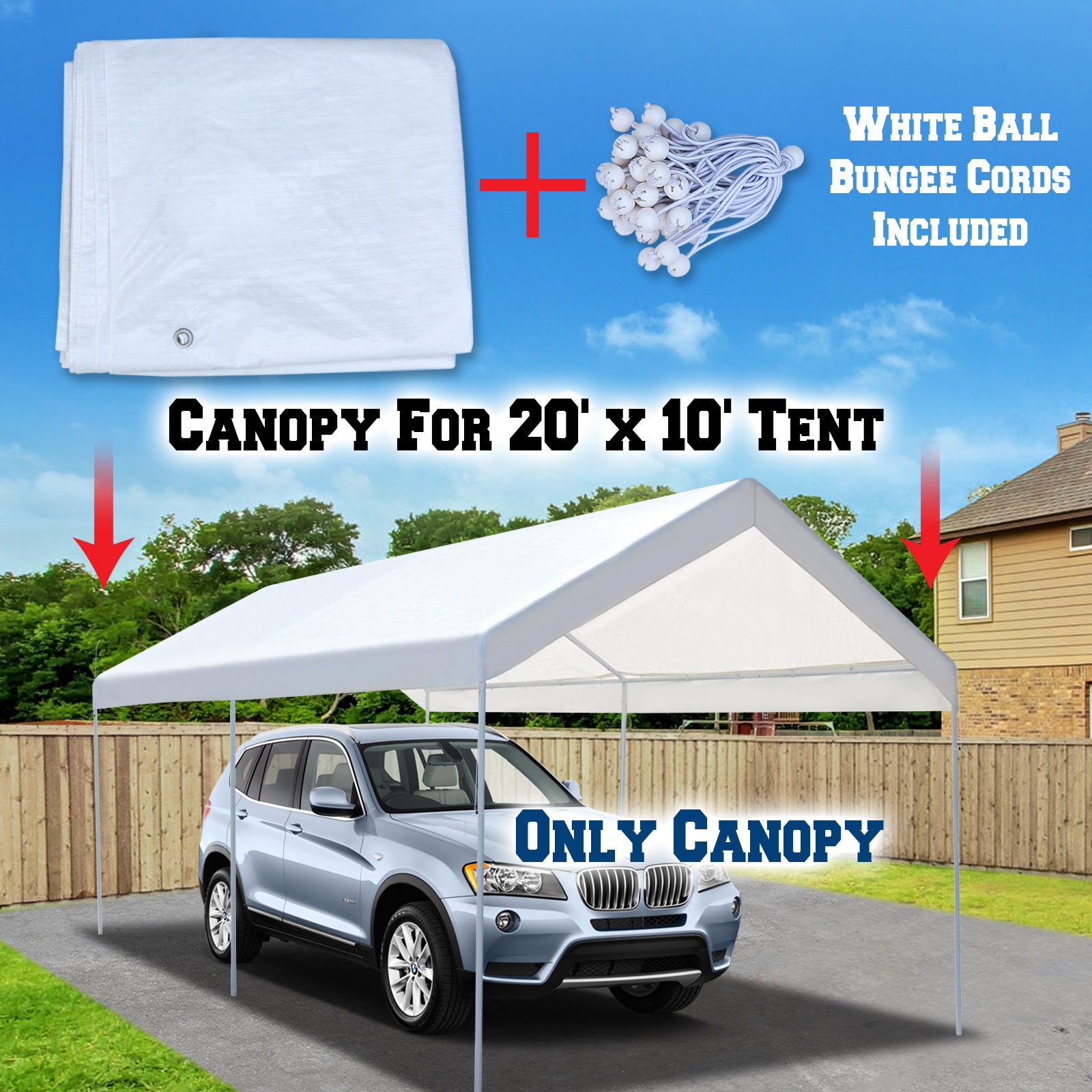 YardGrow 10x20 Canopy Replacement Cover Carport Replacement Top Canopy Cover for Tent Garage Shelter with Ball Bungee Cords White (Only Cover, Frame Not Included)