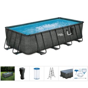 Summer Waves 18 Foot x 9 Foot x 52 Inch Above Ground Herringbone Outdoor Rectangle Frame Swimming Pool Set with Filter Pump, Pool Cover, Ladder, and Ground Cloth