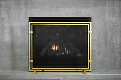 Barton 40x31in Single Panel Fireplace Screen Wrought Iron Frame Gold-Tone Fire Spark Guard for Outdoor or Indoor Use