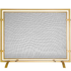 Barton 40x31in Single Panel Fireplace Screen Wrought Iron Frame Gold-Tone Fire Spark Guard for Outdoor or Indoor Use