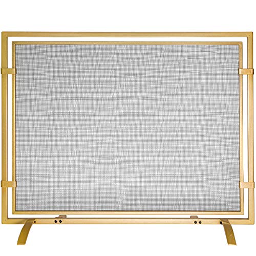 Barton 40x31in Single Panel Fireplace Screen Wrought Iron Frame Gold-Tone Fire Spark Guard for Outdoor or Indoor Use