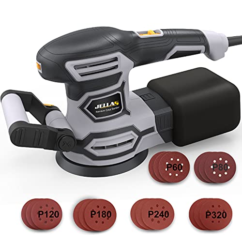 3.8A(450W) Orbital Sander, Jellas 6 Variable Speeds Double Handle Random Orbit Sander, 5-Inch Electric Sander with 18pcs Sandpapers, Dust Collector, Ideal Power Sander for Woodworking(OS450)