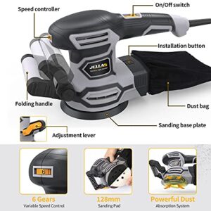 3.8A(450W) Orbital Sander, Jellas 6 Variable Speeds Double Handle Random Orbit Sander, 5-Inch Electric Sander with 18pcs Sandpapers, Dust Collector, Ideal Power Sander for Woodworking(OS450)