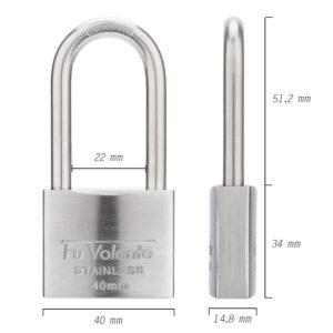 Fu Volante Stainless Steel Padlock, 304 Marine Series, Weatherproof & Rustproof Padlock for Outdoor use, 1-9/16 inch Wide, Long Shackle, Stainless Steel Body & Shackle