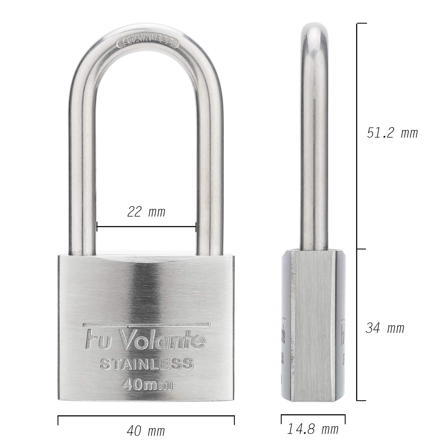 Fu Volante Stainless Steel Padlock, 304 Marine Series, Weatherproof & Rustproof Padlock for Outdoor use, 1-9/16 inch Wide, Long Shackle, Stainless Steel Body & Shackle