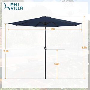 PHI VILLA 10ft Patio Umbrella Clearance, Outdoor Market Table Umbrellas with 8 Ribs and Push Button Tilt for Garden Deck & Poolside, Navy Blue