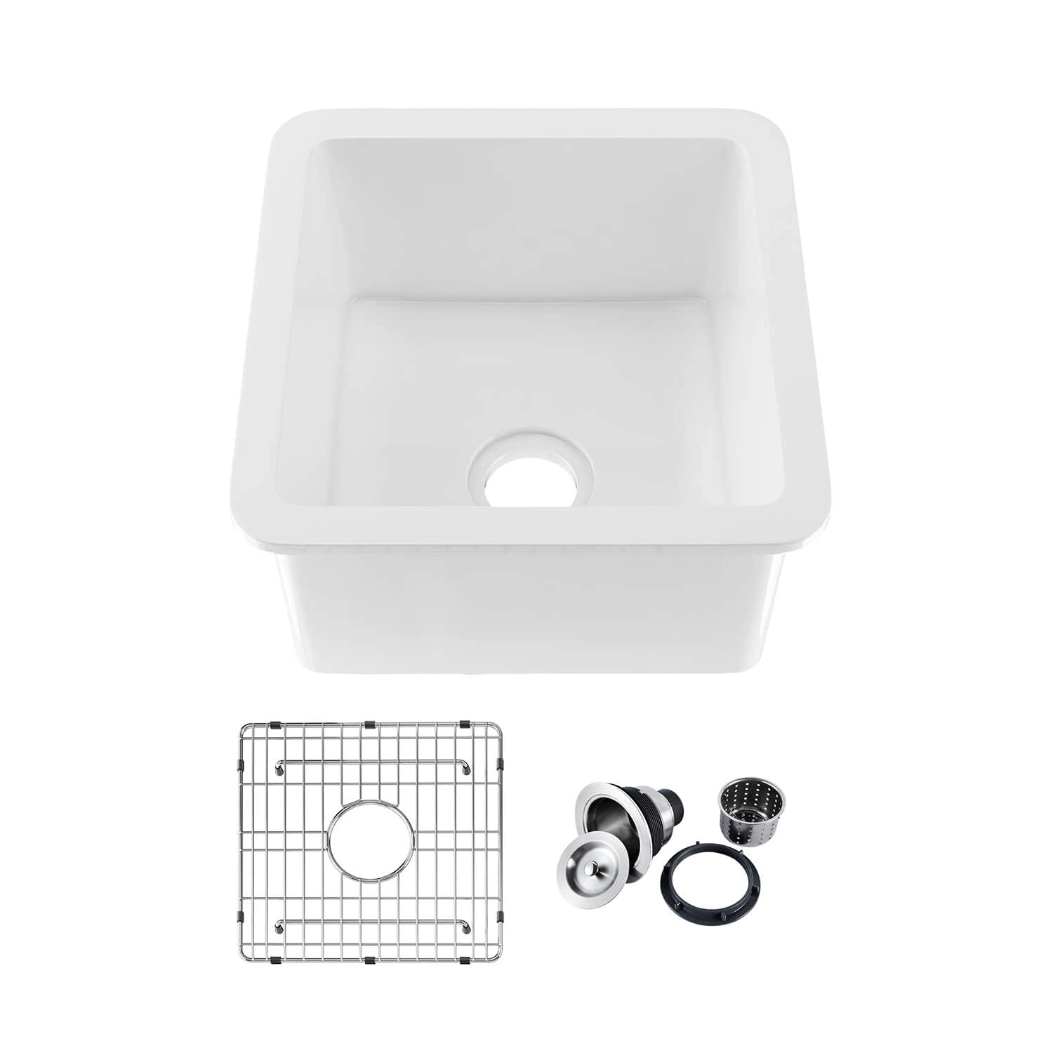 KIBI K2-S18SQ Single Bowl Heat Safe Glazing Fireclay Undermount Kitchen Sink 18 inch with Bottom Grid and Strainer (Cubic series) (White)