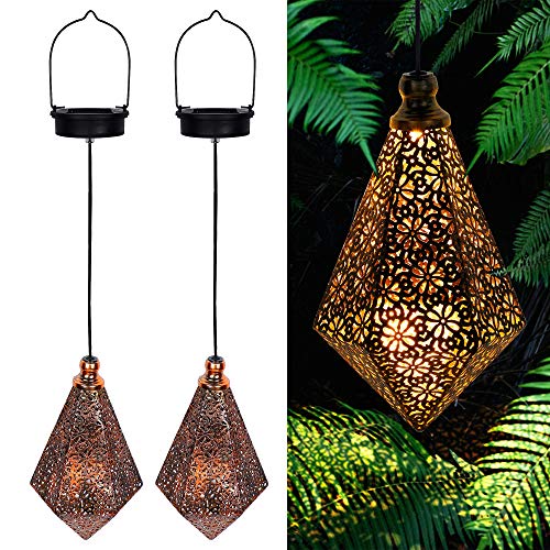 MAGGIFT 2 Pack Solar Hanging Lights, Solar Powered Retro Lantern with Handle, Warm White LED Christmas Garden Lights, Metal Diamond Shape Lamp Waterproof for Outdoor for Yard Tree Fence Patio