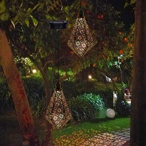 MAGGIFT 2 Pack Solar Hanging Lights, Solar Powered Retro Lantern with Handle, Warm White LED Christmas Garden Lights, Metal Diamond Shape Lamp Waterproof for Outdoor for Yard Tree Fence Patio