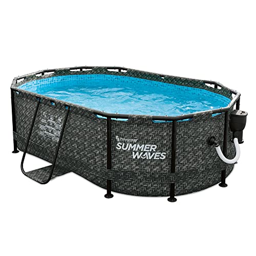 Summer Waves 9.8' x 6.5' Dark Herringbone Active Frame Oval Outdoor Backyard Swimming Pool with SFX330 SkimmerPlus Filter Pump