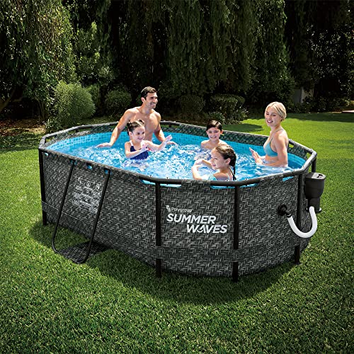 Summer Waves 9.8' x 6.5' Dark Herringbone Active Frame Oval Outdoor Backyard Swimming Pool with SFX330 SkimmerPlus Filter Pump