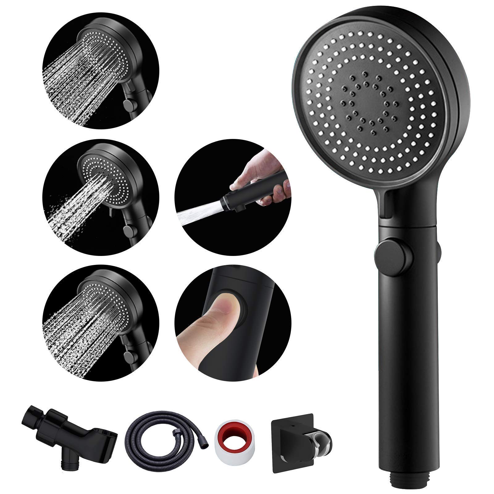 MIAOHUI Shower Head with Hose and on off Switch, 3 Setting High Pressure Handheld Shower Head, Removable Shower Head with hose, Adjustable Angle Bracket, Low-Reach Wand Holder, Black