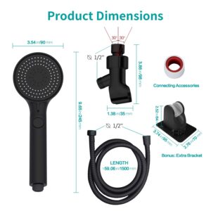 MIAOHUI Shower Head with Hose and on off Switch, 3 Setting High Pressure Handheld Shower Head, Removable Shower Head with hose, Adjustable Angle Bracket, Low-Reach Wand Holder, Black