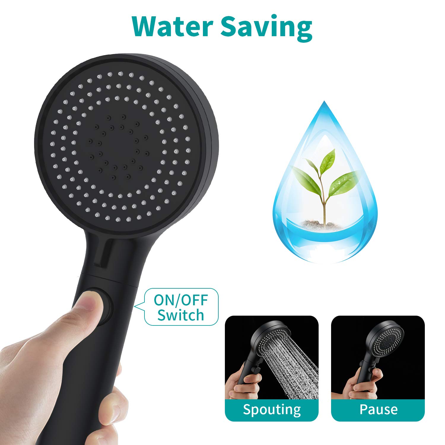 MIAOHUI Shower Head with Hose and on off Switch, 3 Setting High Pressure Handheld Shower Head, Removable Shower Head with hose, Adjustable Angle Bracket, Low-Reach Wand Holder, Black