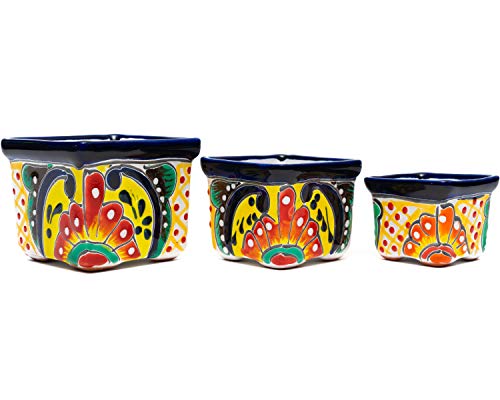 Enchanted Talavera Handmade Mexican Pottery Talavera Ceramic 3 Piece Set Succulent Pot Set Mini Flower Planter Cactus Pot Home Office Desk Décor Gift Small Shelf Desk Window Pottery (Multi-Color)