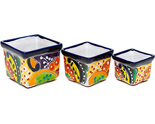 Enchanted Talavera Handmade Mexican Pottery Talavera Ceramic 3 Piece Set Succulent Pot Set Mini Flower Planter Cactus Pot Home Office Desk Décor Gift Small Shelf Desk Window Pottery (Multi-Color)