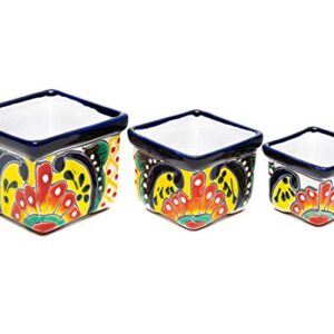 Enchanted Talavera Handmade Mexican Pottery Talavera Ceramic 3 Piece Set Succulent Pot Set Mini Flower Planter Cactus Pot Home Office Desk Décor Gift Small Shelf Desk Window Pottery (Multi-Color)